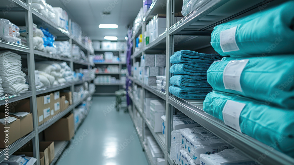 ภาพประกอบสต็อก well organized hospital storage room with neatly stacked ...