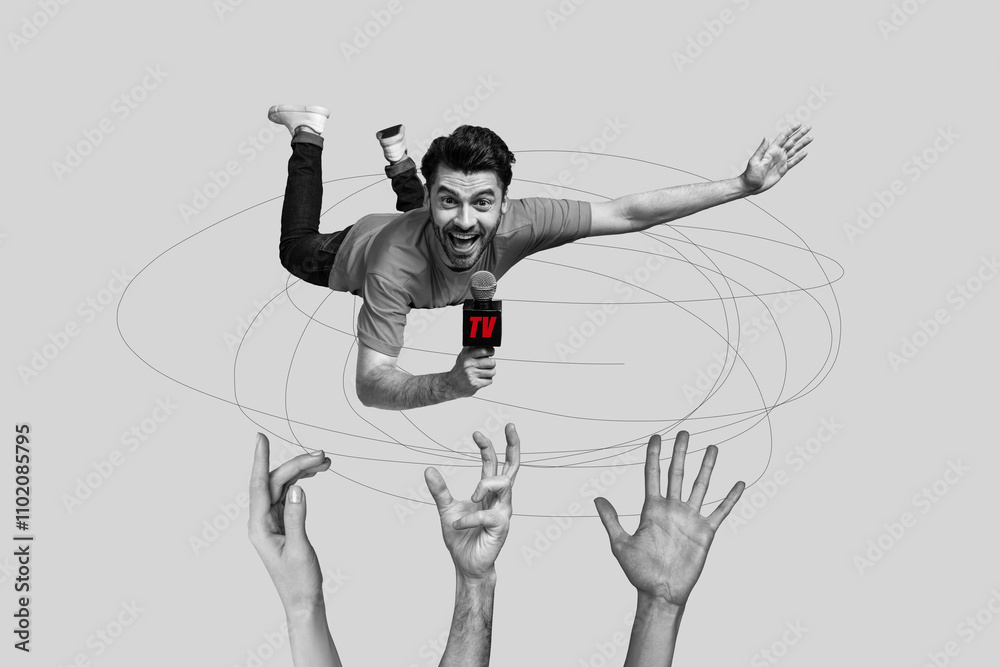 Composite photo collage of happy guy correspondent fly human hands hold ...