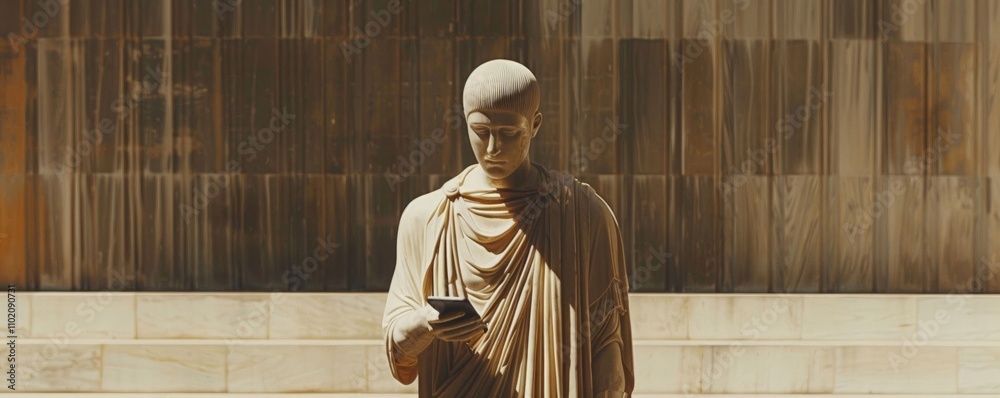 sculpture of an ancient Greek or god holding a smartphone in dark ...