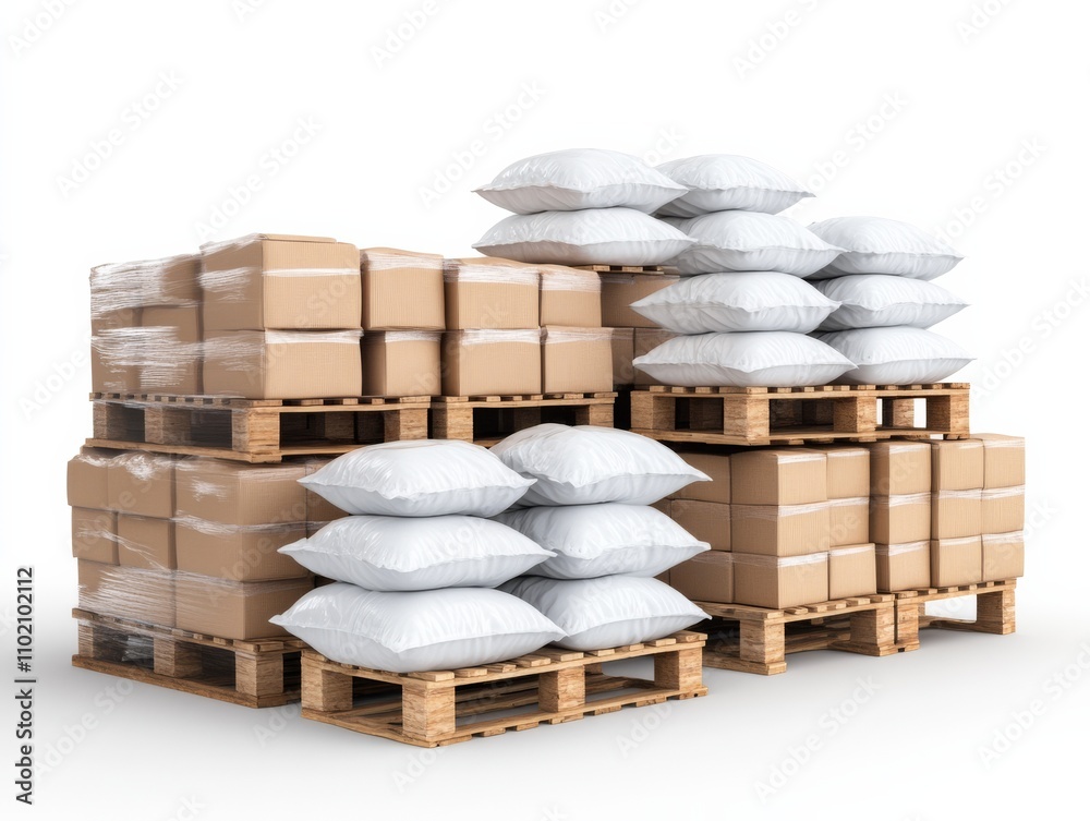 Organized stacks of white bags wrapped in plastic placed on wooden ...