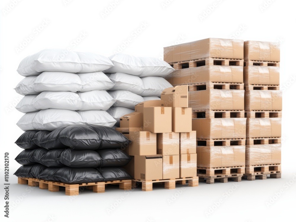 Organized stacks of white bags wrapped in plastic placed on wooden ...