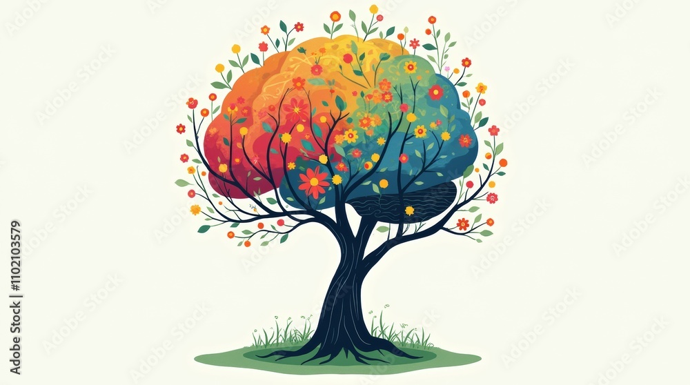 Human brain tree with flowers, self care and mental health concept ...