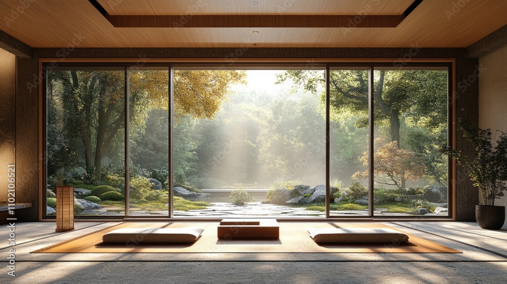 Room for meditation, with huge windows, yoga cushions on the floor and ...