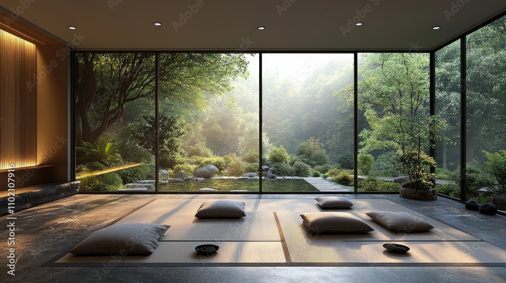 Room for meditation, with huge windows, yoga cushions on the floor and ...