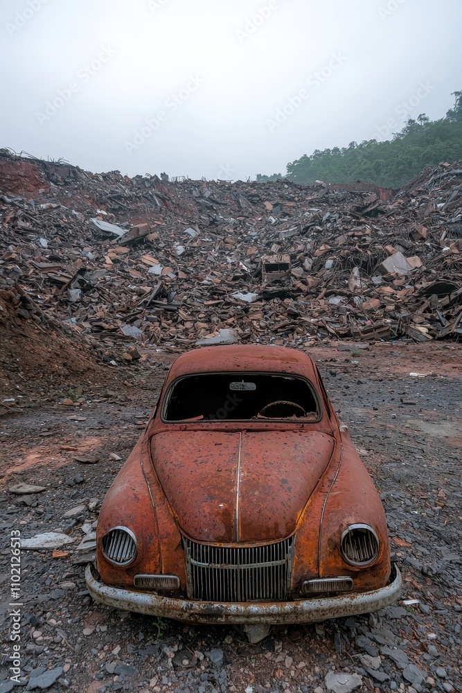 Desolate Decay Rusty Vintage Car Amidst Demolition Debris in Muted ...