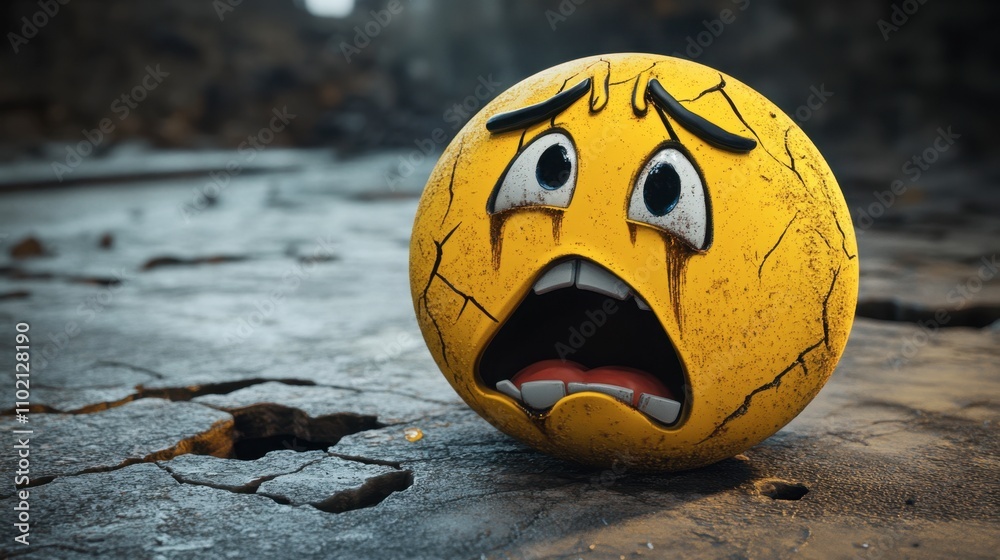 Sad yellow emoji ball with cracked surface and tears on ground Stock ...