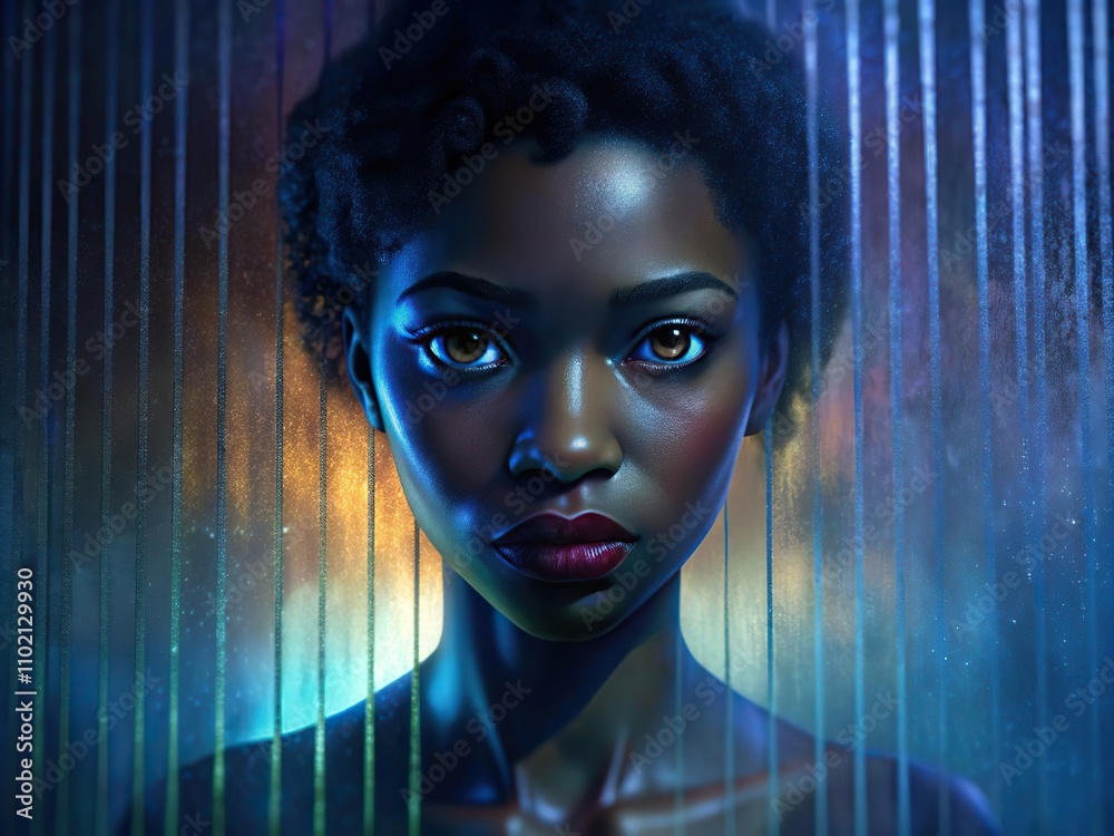 Abstract woman portrait with glass texture. Glitched and corrupted ...