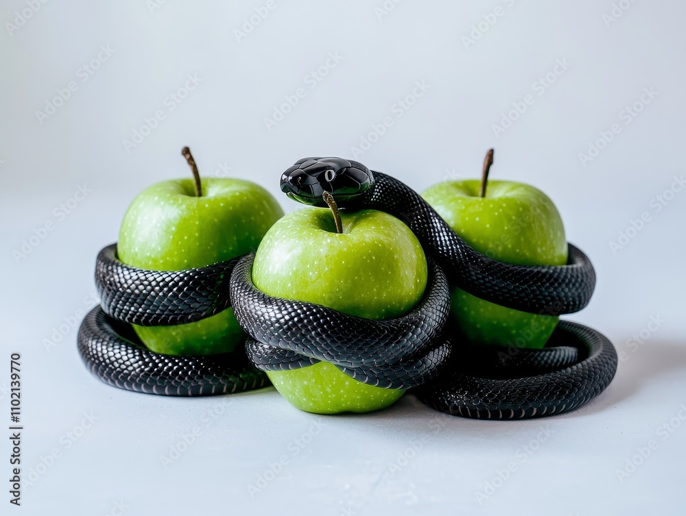 Serpentine Temptation Closeup of Black Snake Coiled Around Granny Smith ...