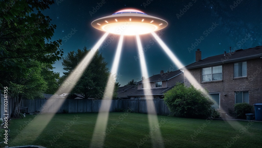 UFO descending with light beams in backyard at night, extraterrestrial ...
