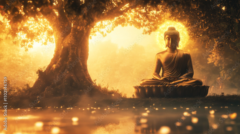 Buddha figure sitting under the Bodhi tree in the lotus position ...