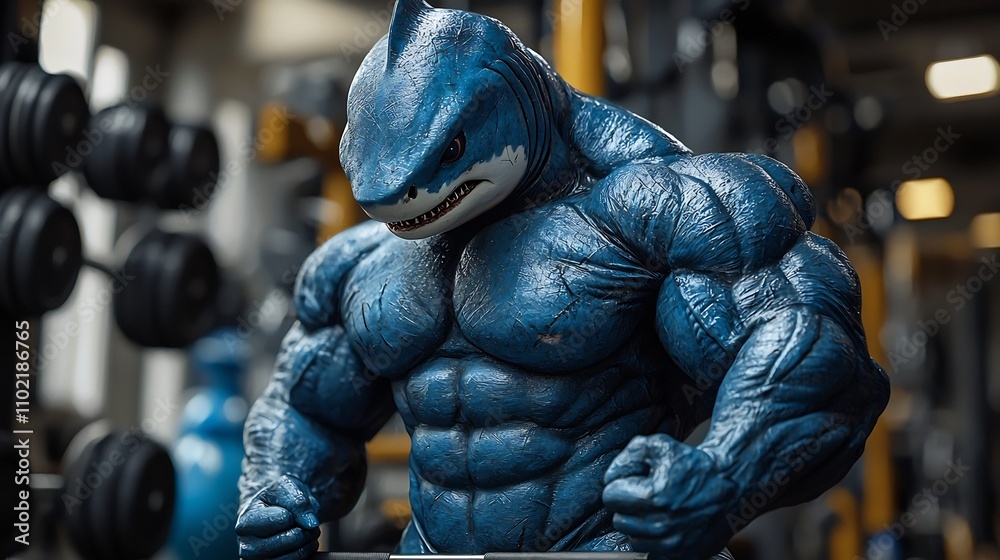 Shark Headed Bodybuilder Bench Pressing With Immense Strength in Gritty ...