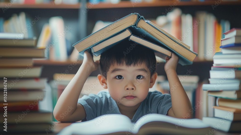 young Asian boy sits cluttered desk joyfully holding book his head like ...