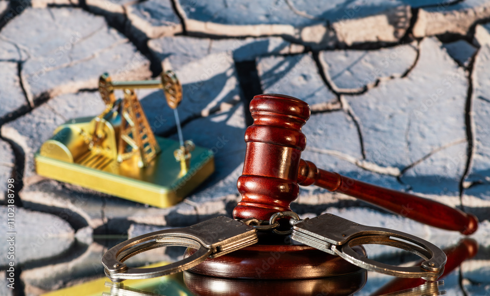 Judge's gavel and handcuffs against the background of a miniature ...