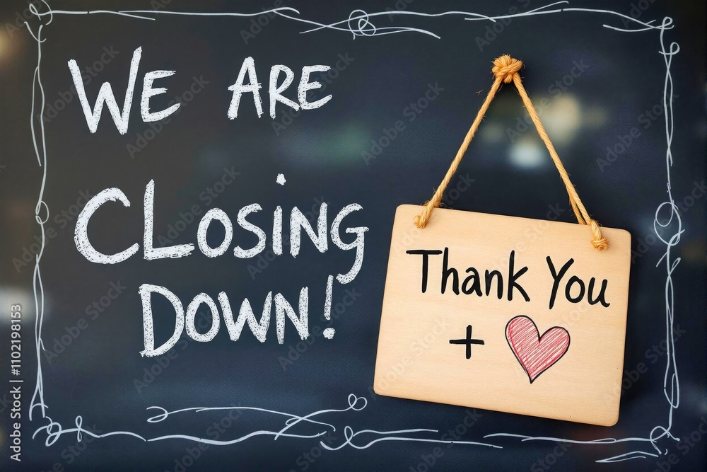 Chalkboard sign with 'We Are Closing Down' and a wooden hanging sign ...