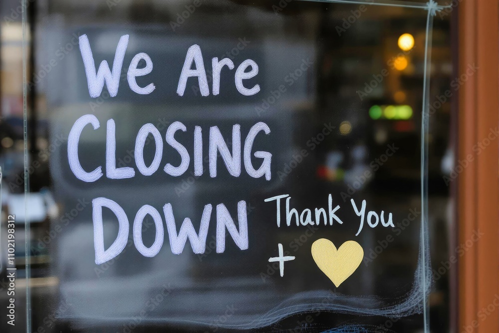 Storefront window with a handwritten sign announcing a closing down ...