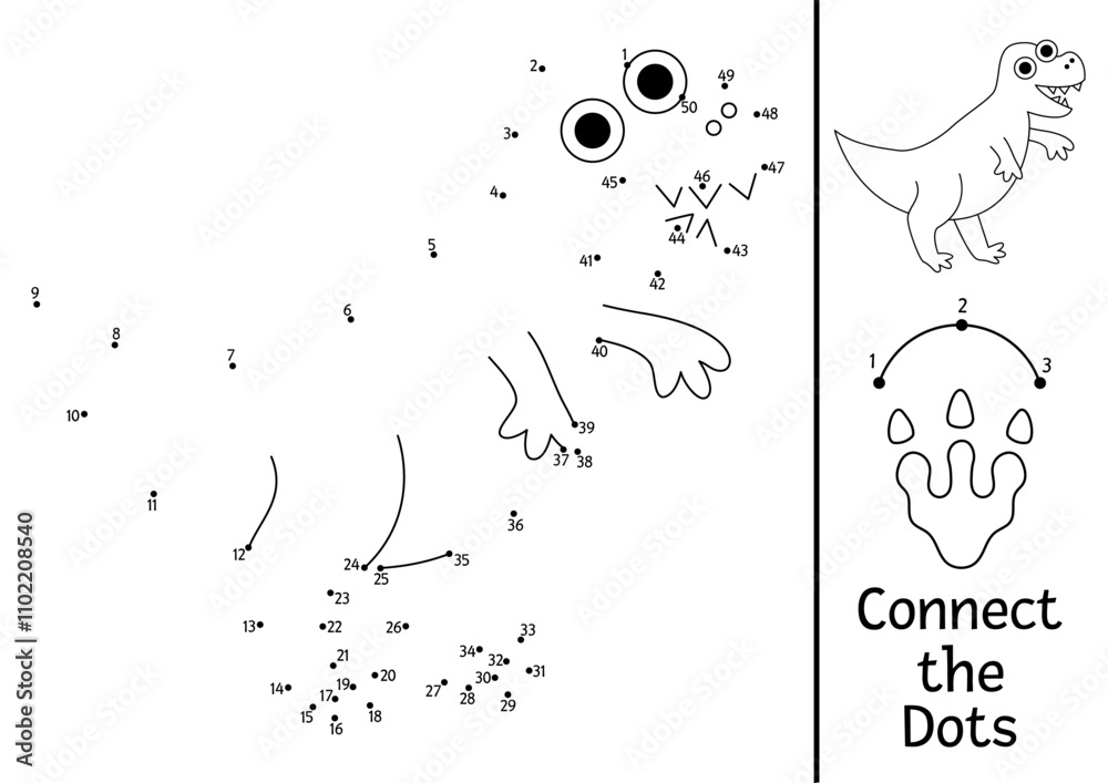 Vector black and white dot-to-dot and color activity with tyrannosaur ...