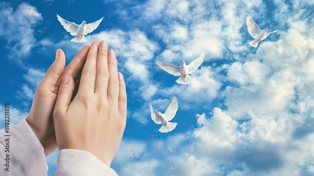 hands folded prayer directed sky doves soar gracefully clouds where ...