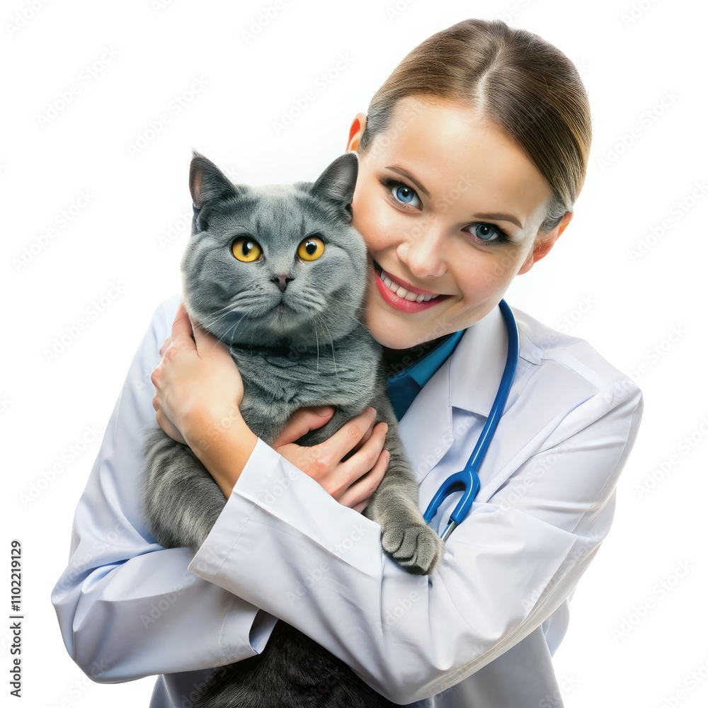 Veterinarian Embraces British Cat in a Clinic Setting With a White ...