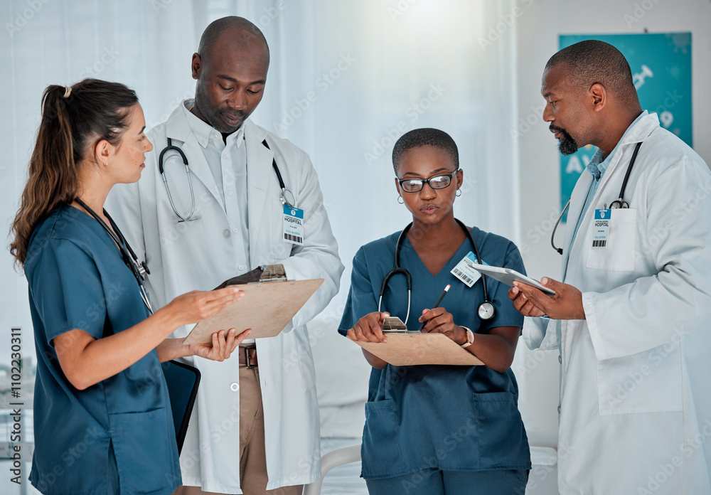 Doctors, nurses and meeting in hospital for coaching or learning as ...
