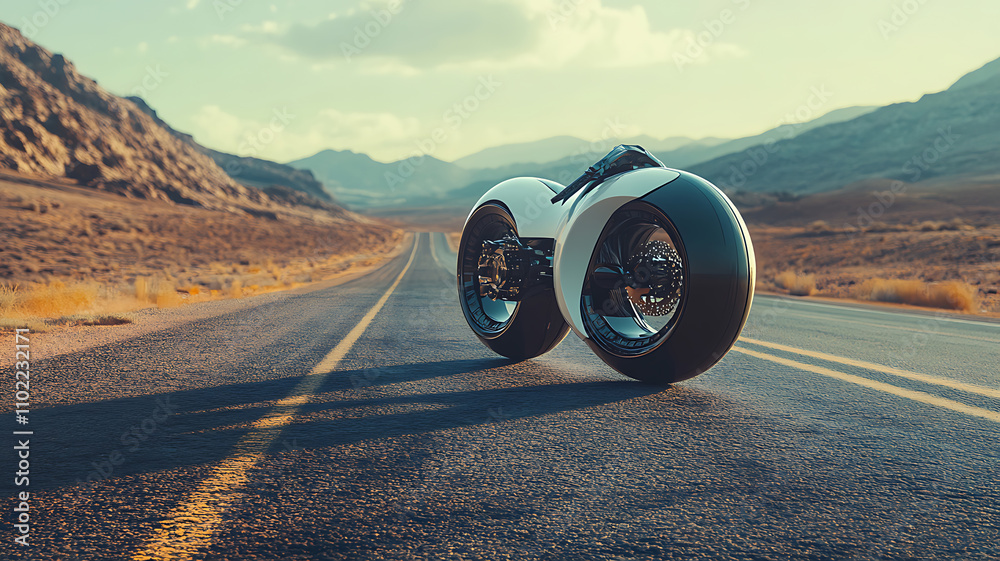 A minimalist motorcycle with a circular body and unique hubless wheels ...