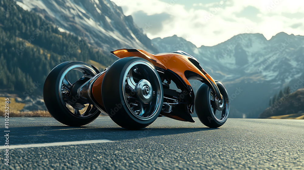 A minimalist motorcycle with a circular body and unique hubless wheels ...