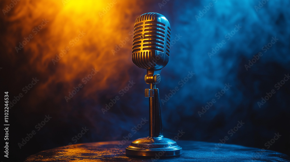 Retro Microphone with Golden Bokeh Lights and Reflective Stage Setting ...