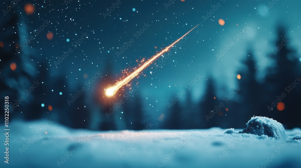 A meteor streaking across the night sky, leaving a trail of fire and ...