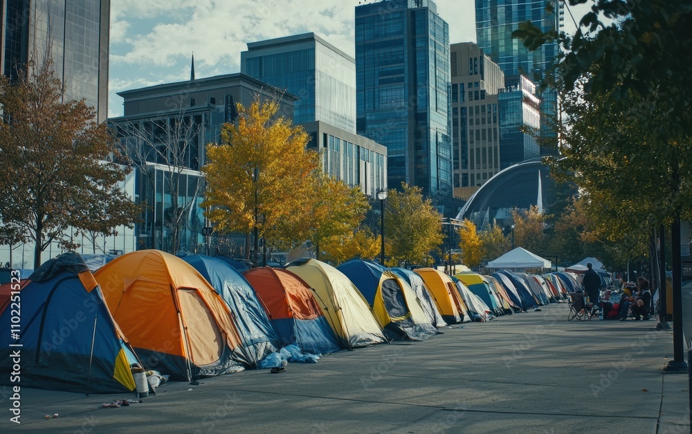 homeless tents line in bustling american city, highlighting ...