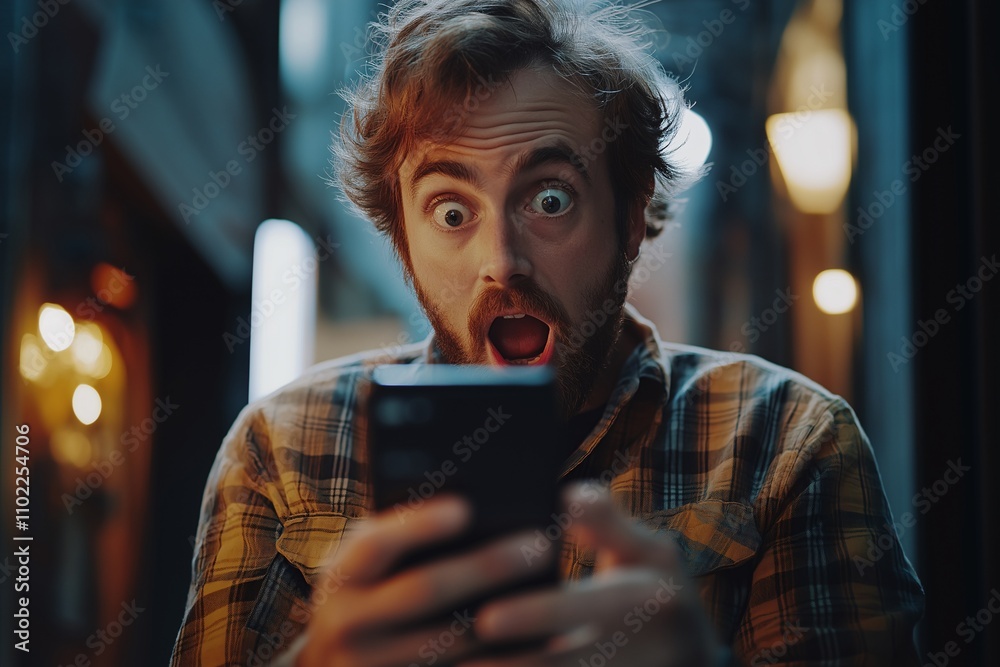 Astonished Man on Smartphone: A young man with a shocked expression ...