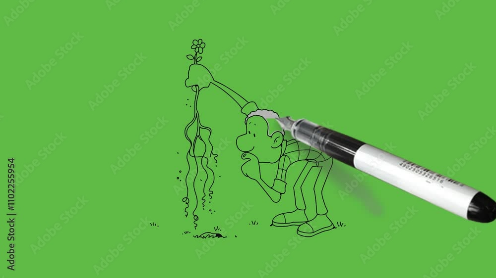draw young boy bend down for digging out plant with root from the ...