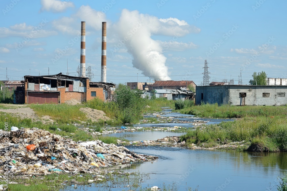 Industrial Landscape Showing Pollution with Smoke Stacks, Contaminated ...