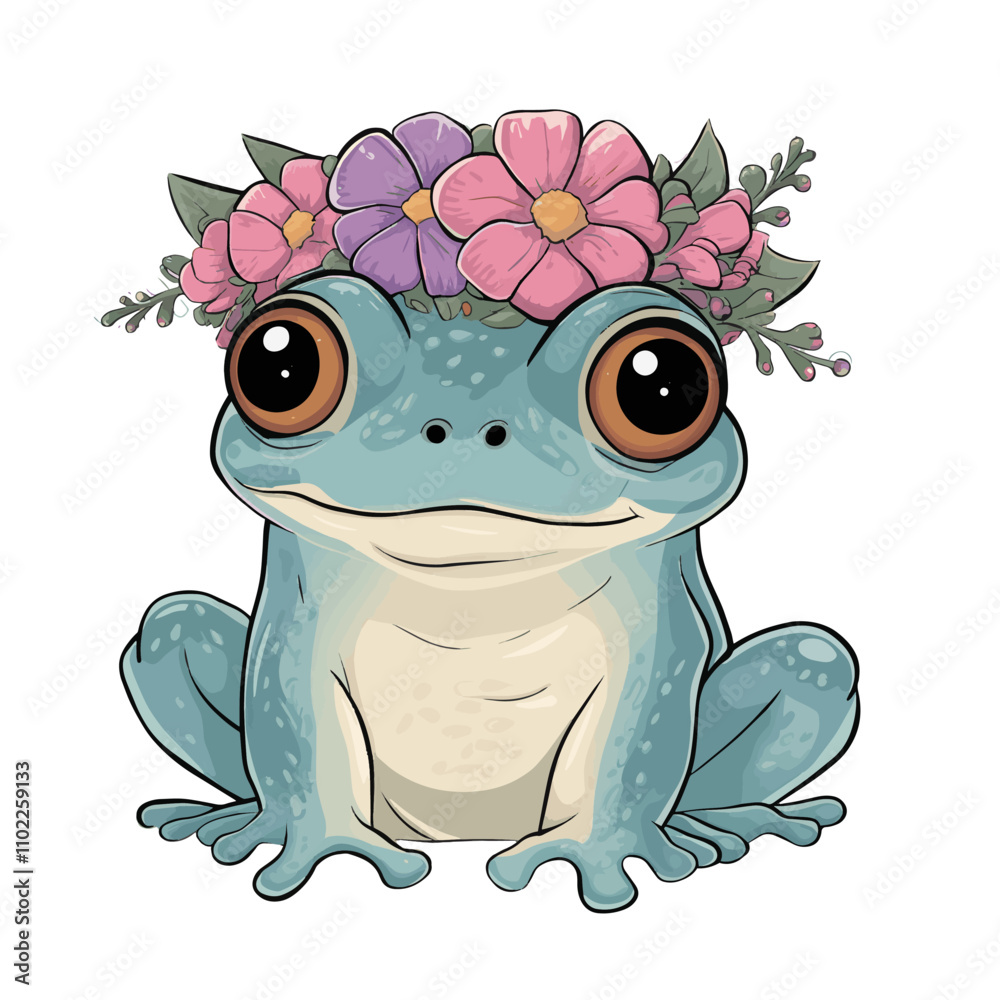 An illustration of a cute, animated frog with a light blue hue. The ...
