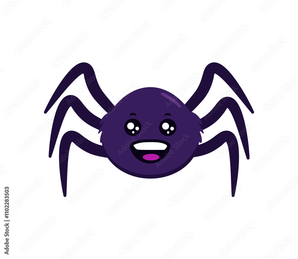 Comical, purple cartoon spider with a cute face and big, friendly eyes ...
