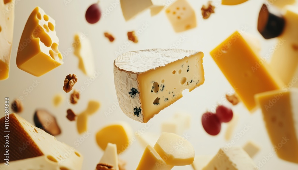Various Types Of Cheese Floating And Descending Through The Air ...