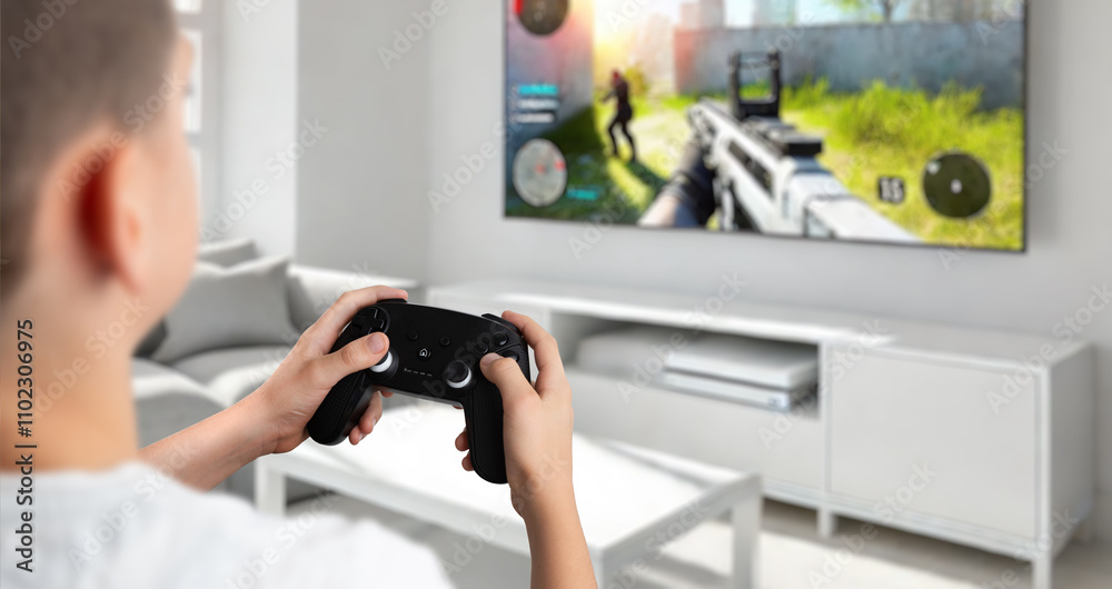 Boy playing a console game on a TV in the living room, featuring a ...