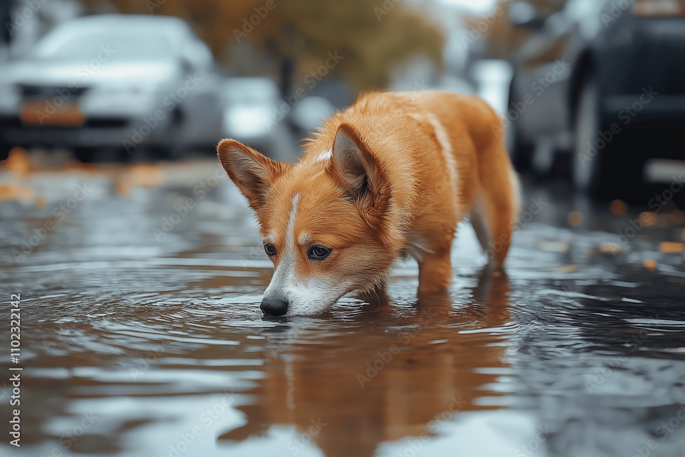 Stray dog enjoys a drink from a rain puddle in an urban setting Stock ...
