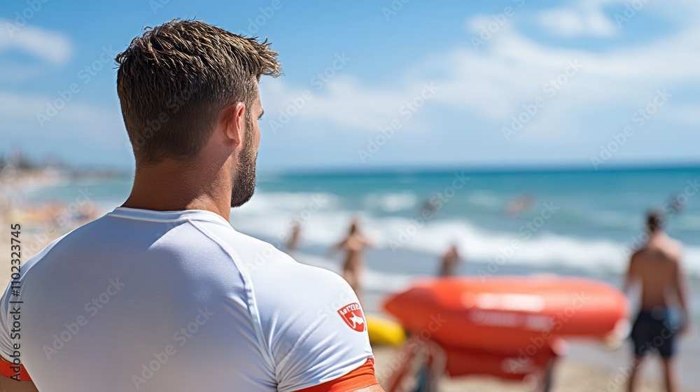 Standing on a crowded beach, a lifeguard in a crisp white uniform with ...