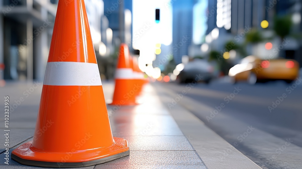 Bright orange cones are seen prominently on a city sidewalk where ...