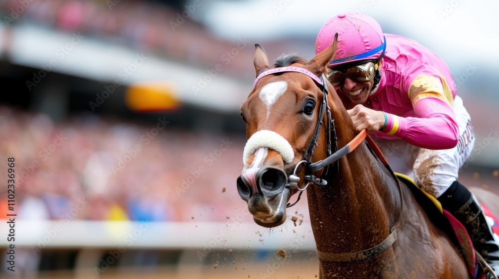The dynamic horse racing scene captures a jockey in pink pushing for ...
