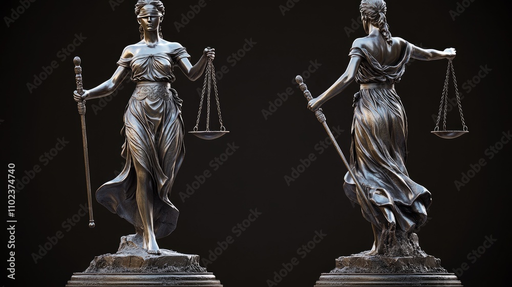A striking, detailed bronze statue of Lady Justice holding scales and a ...