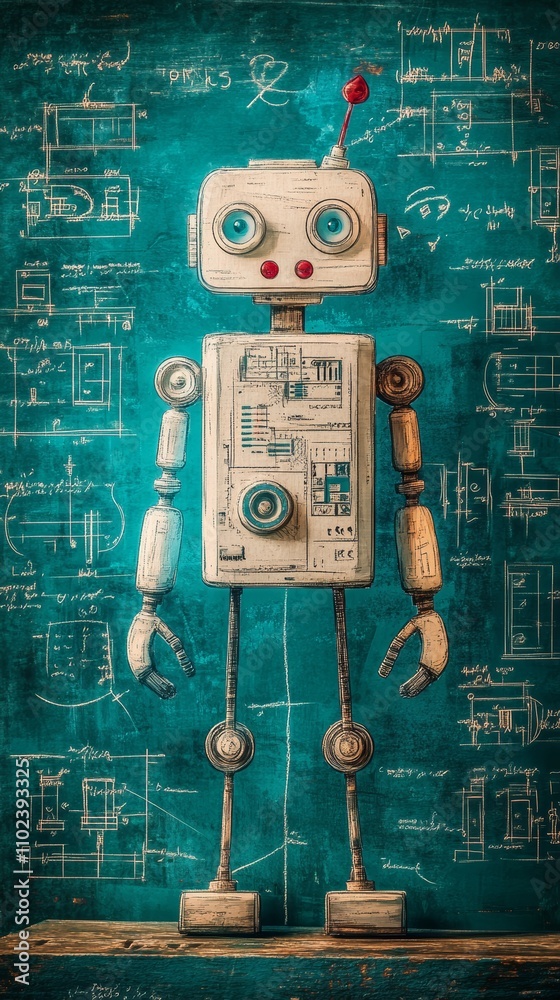 Blueprint-style illustration of a simple robot with labeled parts and ...