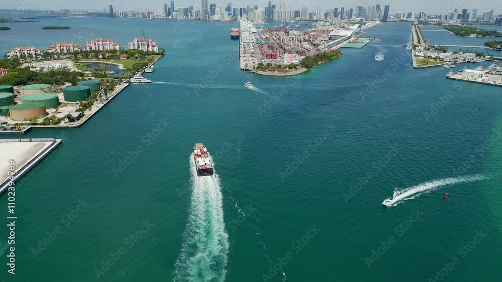 Cargo business 4k. Containerized cargo ship with container in Miami ...