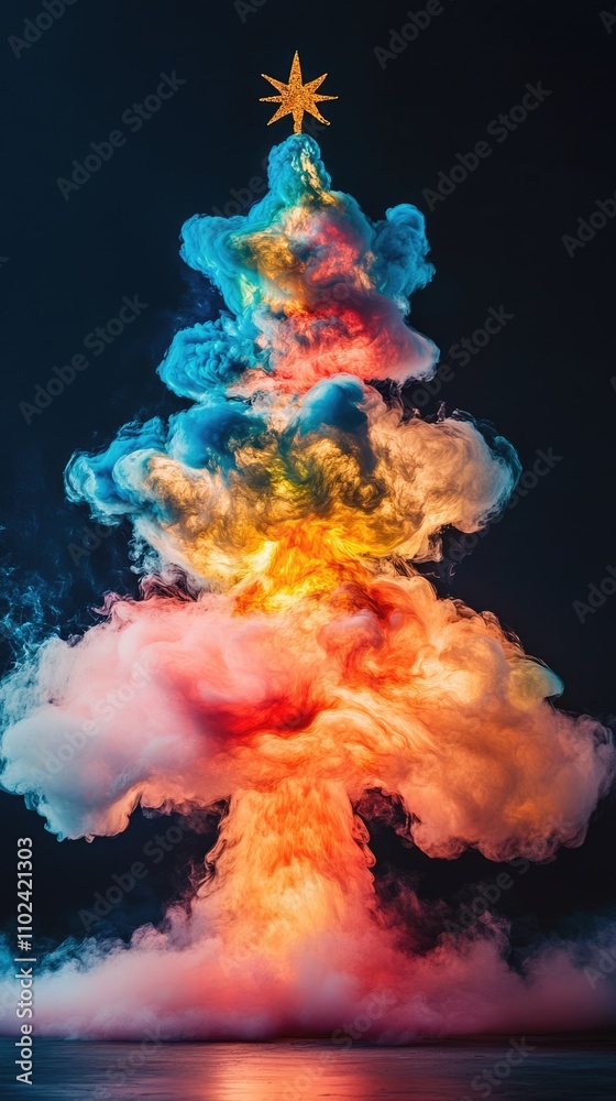 Nuclear mushroom cloud in the shape of a colourful Christmas tree with ...