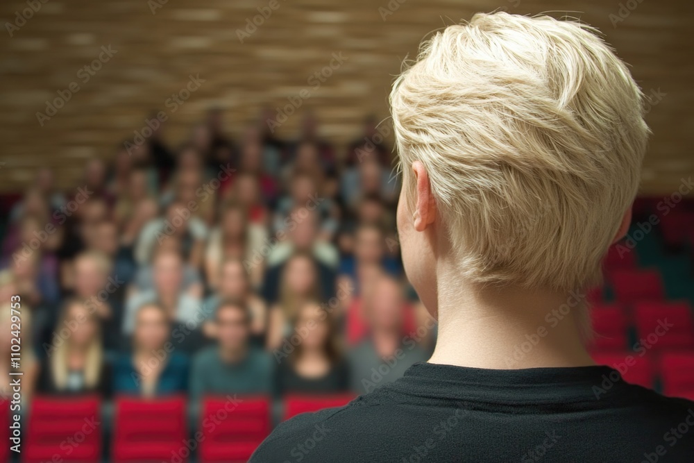 Blonde female speaker facing audience in auditorium Stock Photo | Adobe ...