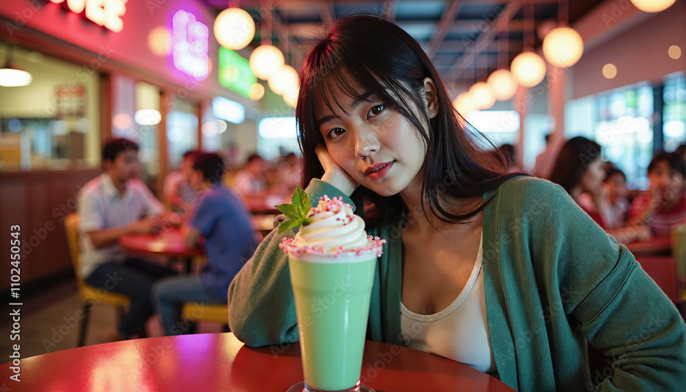 Asian woman sipping drink at diner table. She holds cup with green mint ...