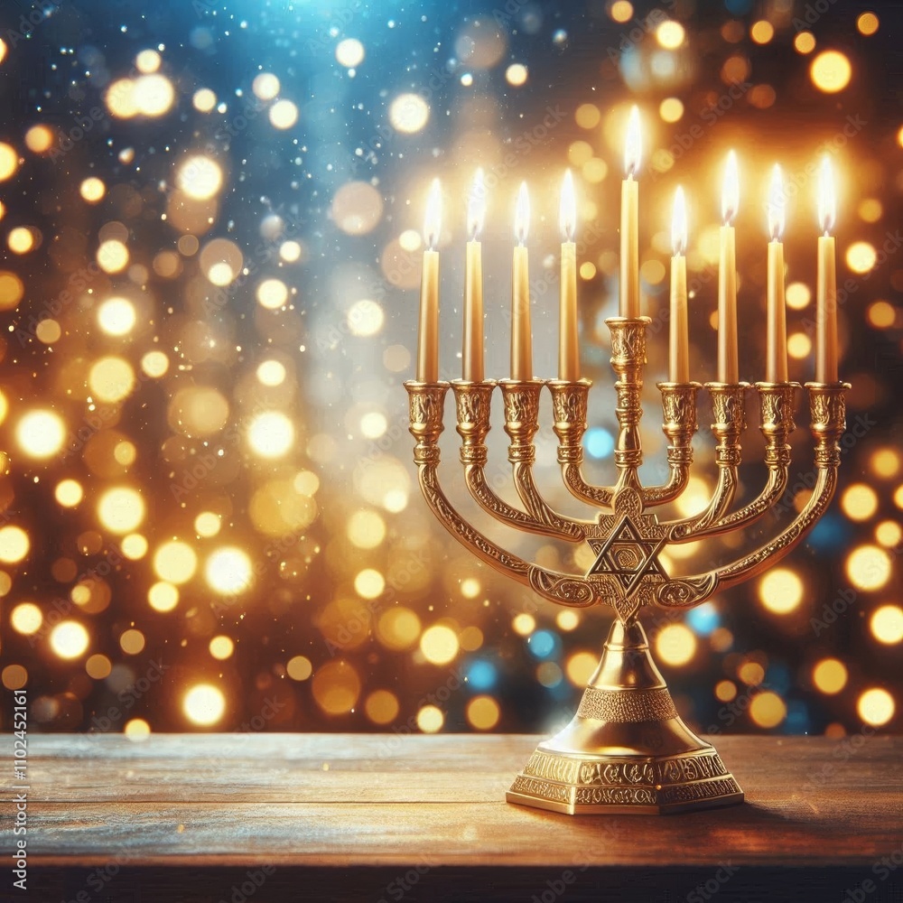Hanukkah jewish holiday background with golden menorah candelabrum with ...