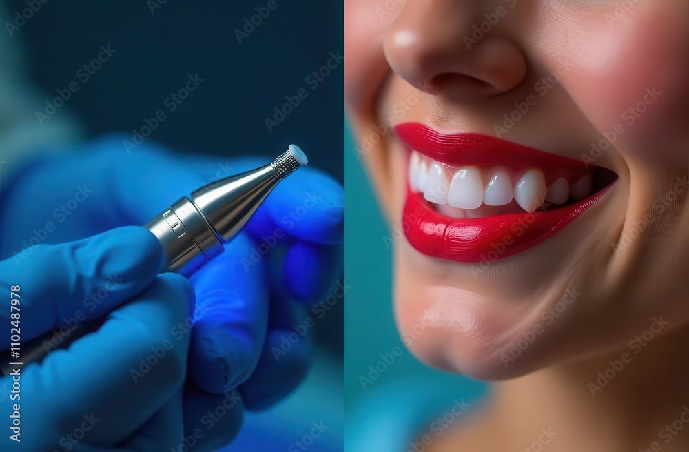 The close-up image on the right shows the snow-white teeth of a girl ...