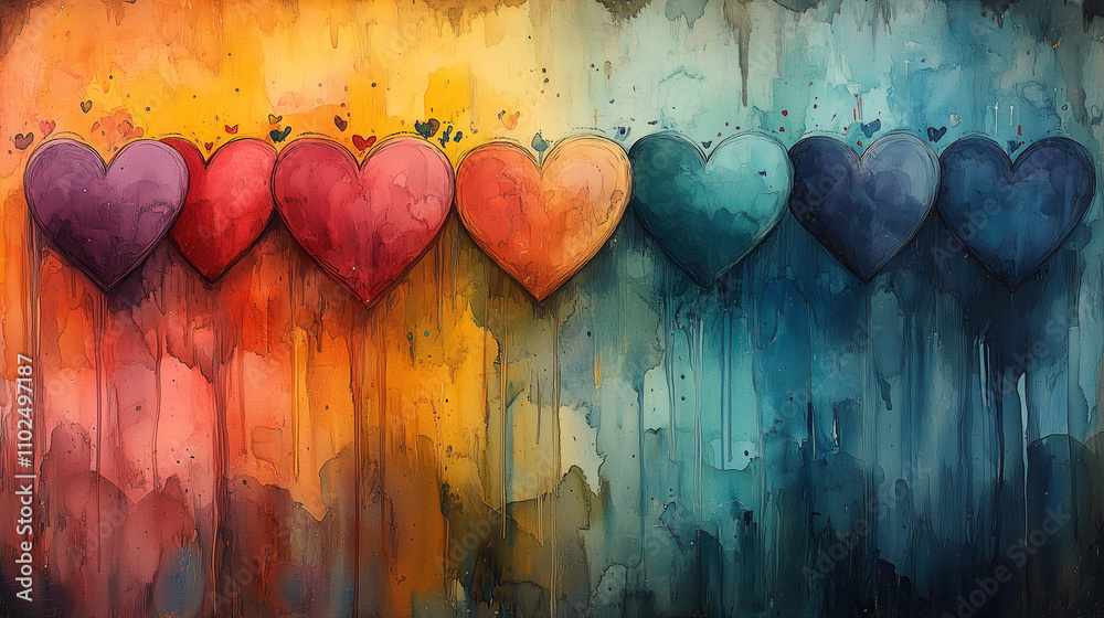 Colorful hearts lined up against a vibrant abstract background with ...
