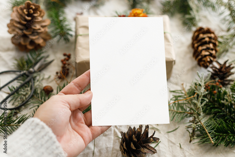 Christmas card mock up. Hand holding empty greeting card on rustic ...