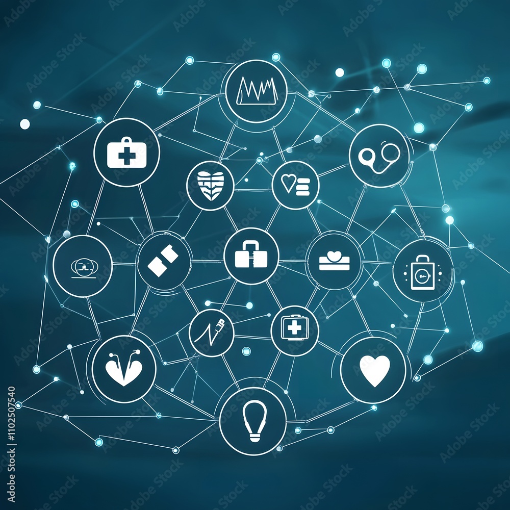 Digital icons representing health monitoring systems with a high-tech ...